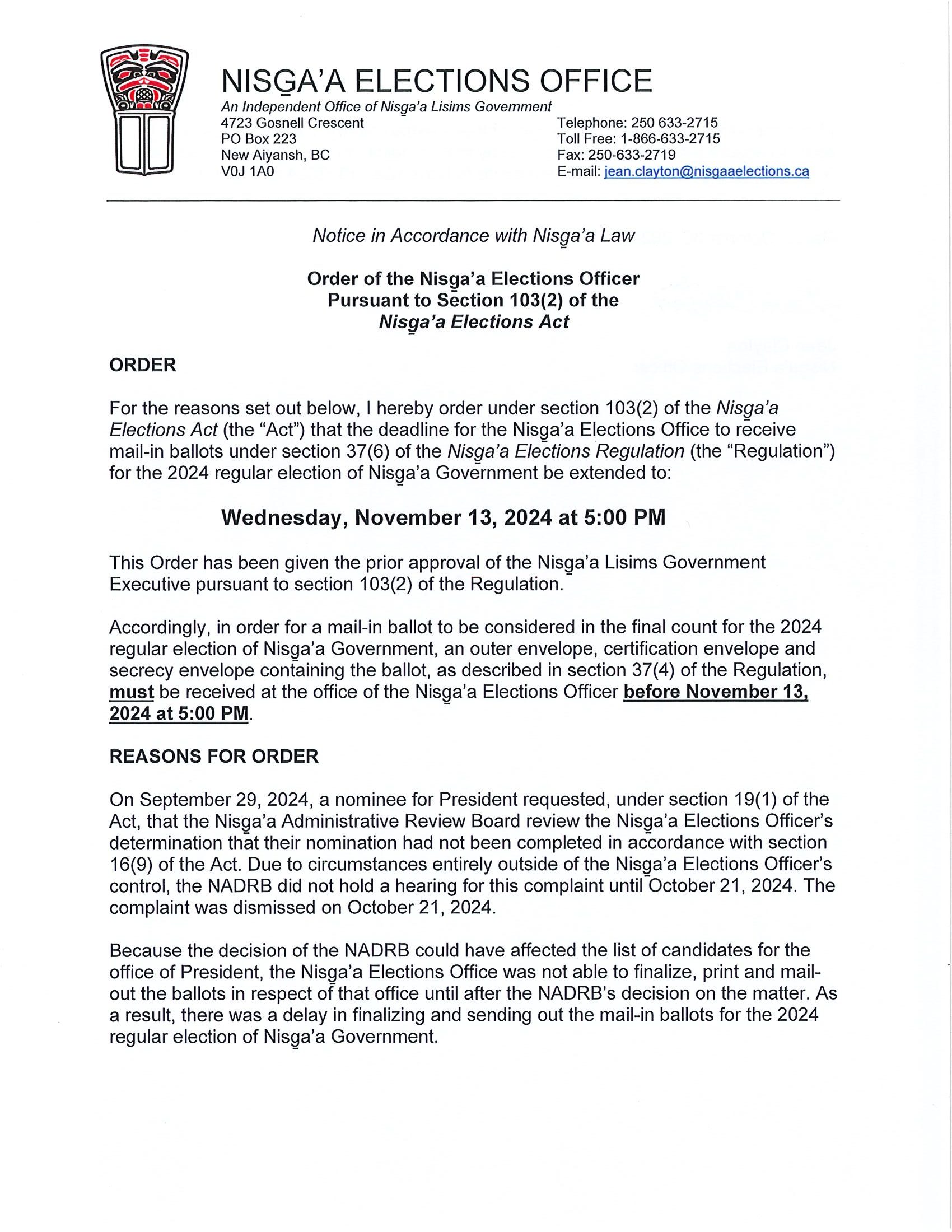 Order of the Nisga'a Elections Officer - Nisg̱a’a Lisims Government