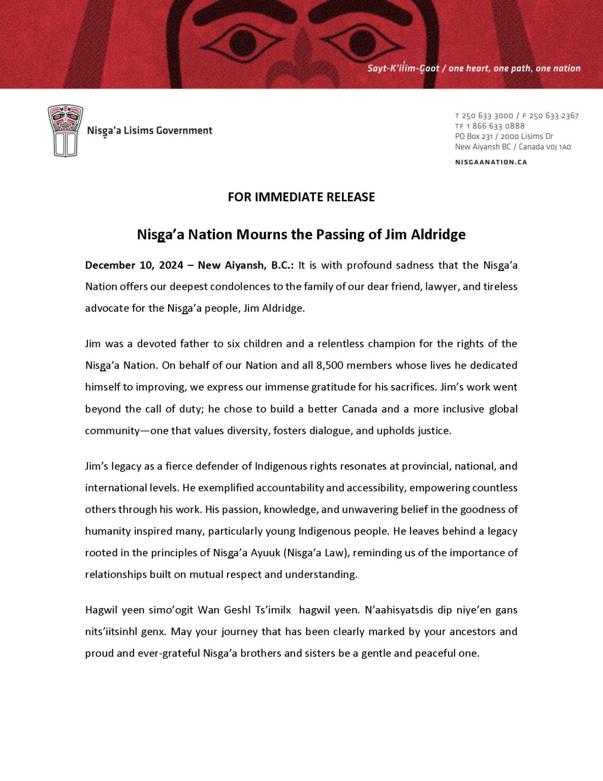 Nisga’a Nation Commemoration of the Late Jim Aldridge - Nisg̱a’a Lisims ...