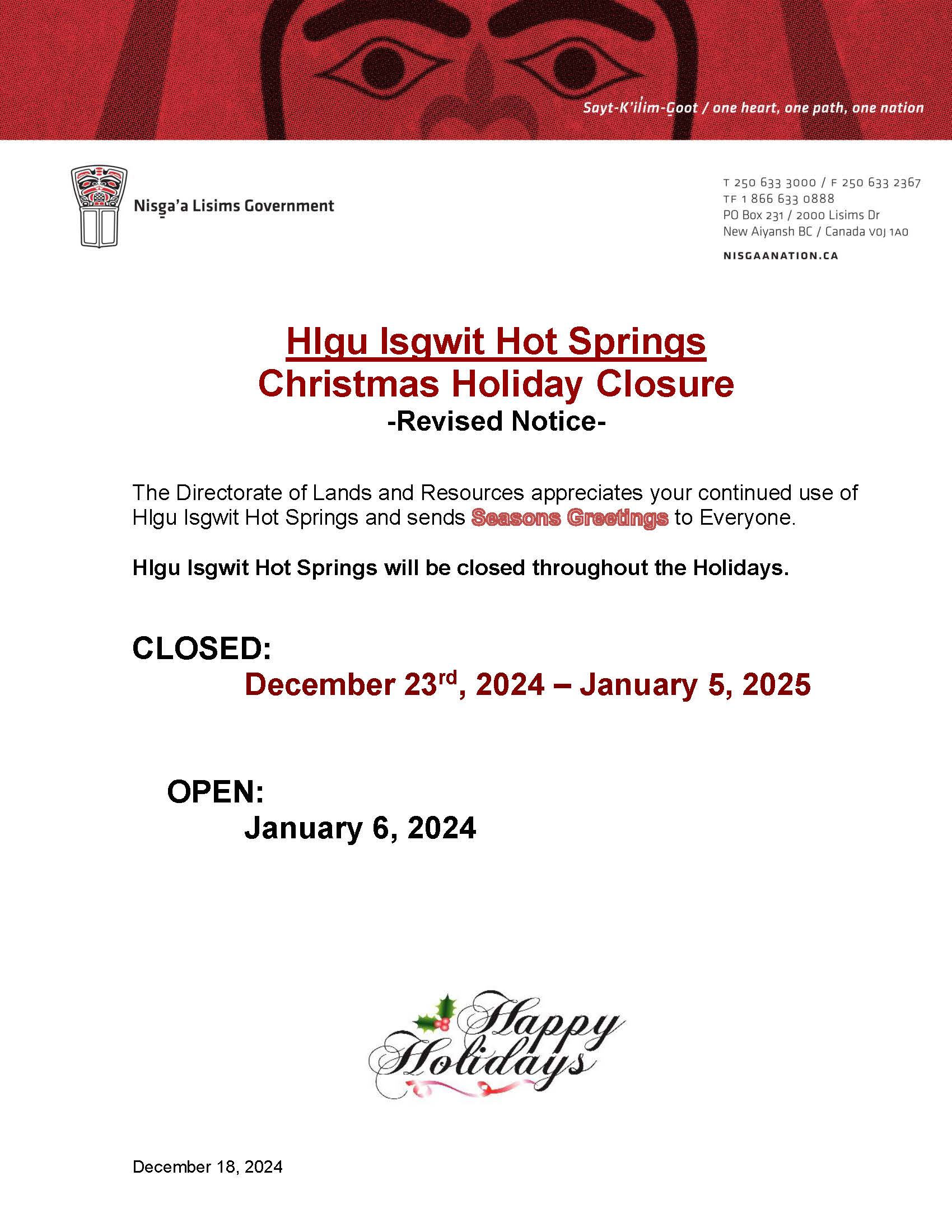 Mark the dates | Hlgu Isgwit Hot Springs holiday hours - Nisg̱a’a ...