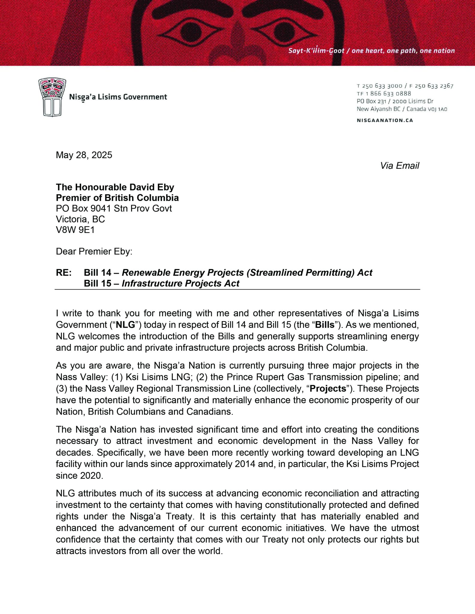 Letter to The Honourable David Eby: 052825 - Nisg̱a’a Lisims Government