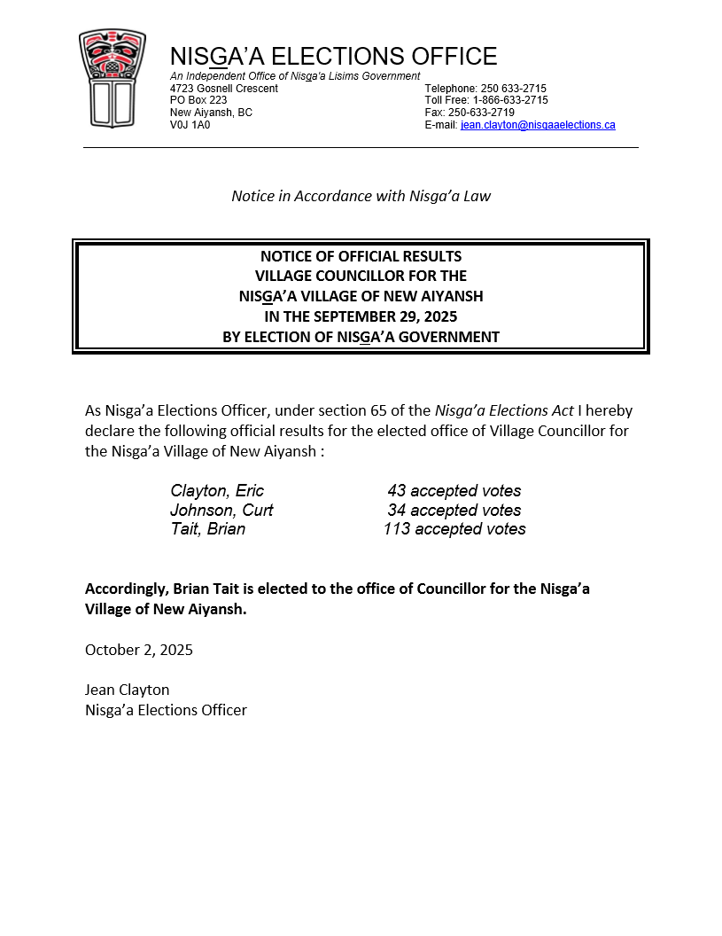 Nisga'a Elections | Notice of Official Results - Nisg̱a’a Lisims Government